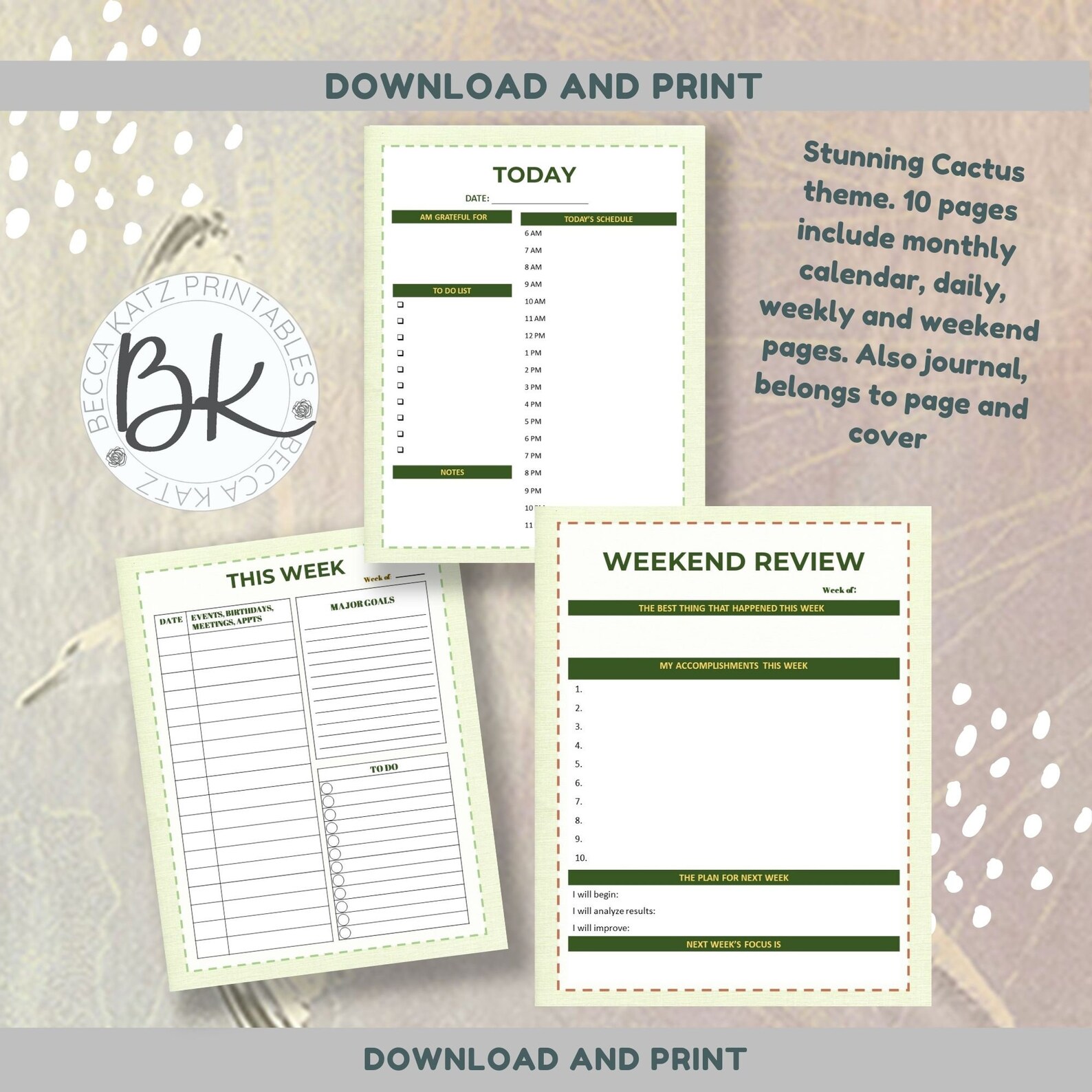 Undated Cactus Time Monthly, Weekly & Daily Planner Printable, Cute ...