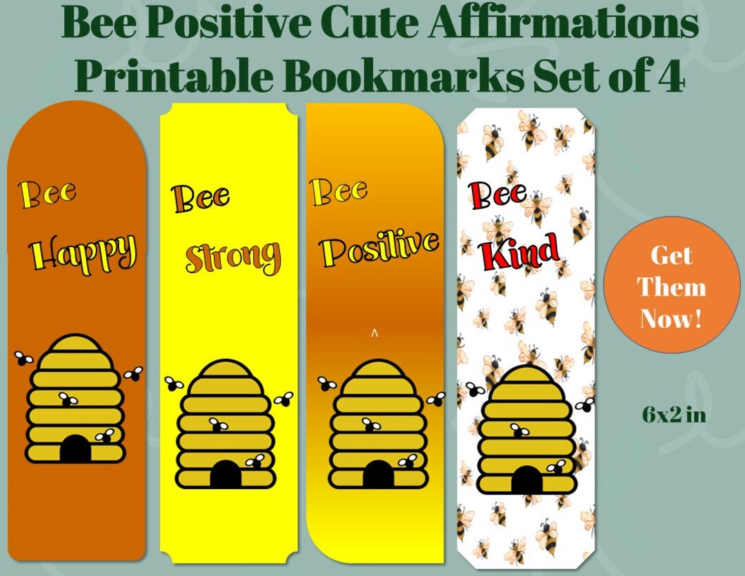Bee Positive Cute Affirmations Printable Bookmarks Set of 4 Book Lover ...