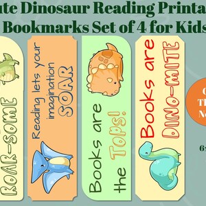 Cute Dinosaur Reading Printable Bookmarks for Kids Set of 4 Book Lover ...