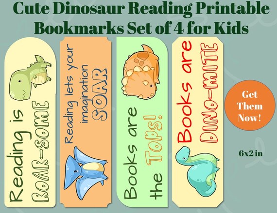 Cute Dinosaur Reading Printable Bookmarks for Kids Set of 4 | Etsy