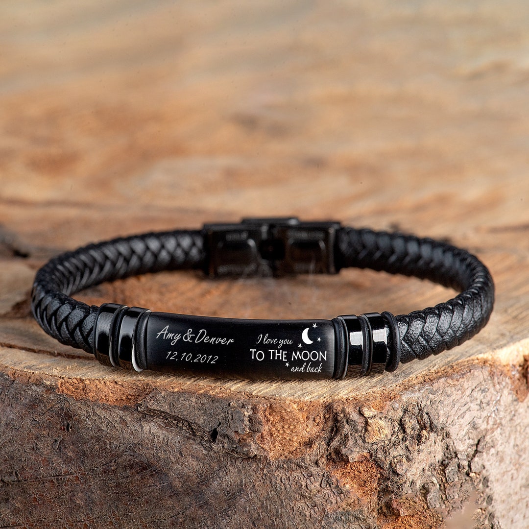 Personalized Boyfriend Gift for Men: Engraved Steel & Leather Cuff ...