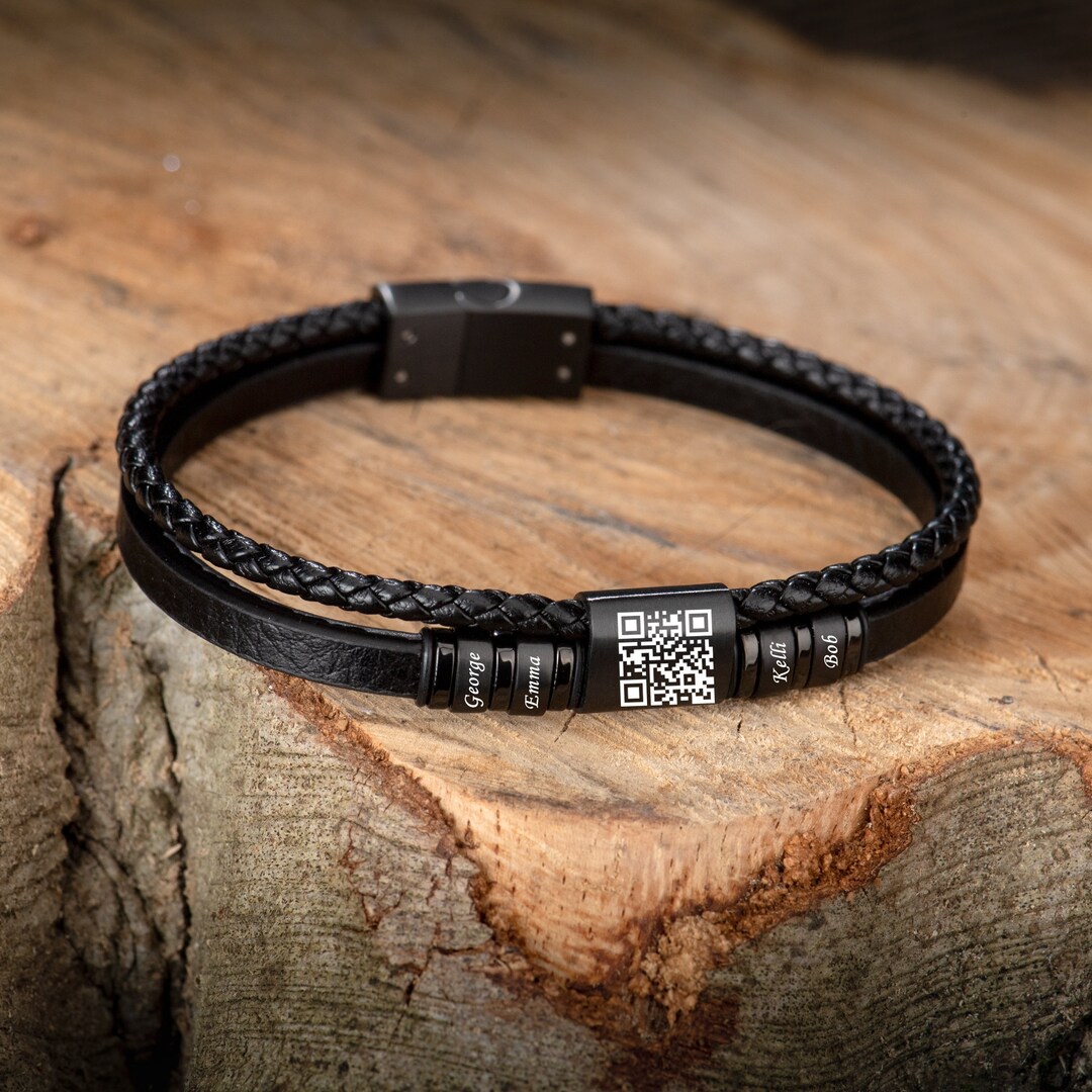 QR Code Leather Bracelet: Personalized Stainless Steel Men's Gift - Etsy