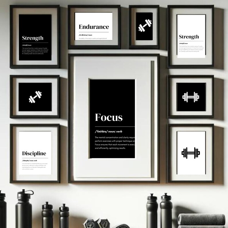 Home Gym Wall Art Set of 6 Black White, Fitness Art, Motivational ...
