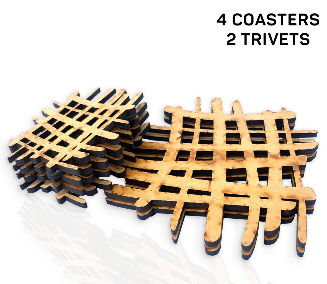 6 Pcs ,4 Coasters10x10 Cm, 2 Trivet 15x5 Cm Lasercut Pine Wood Unique ...