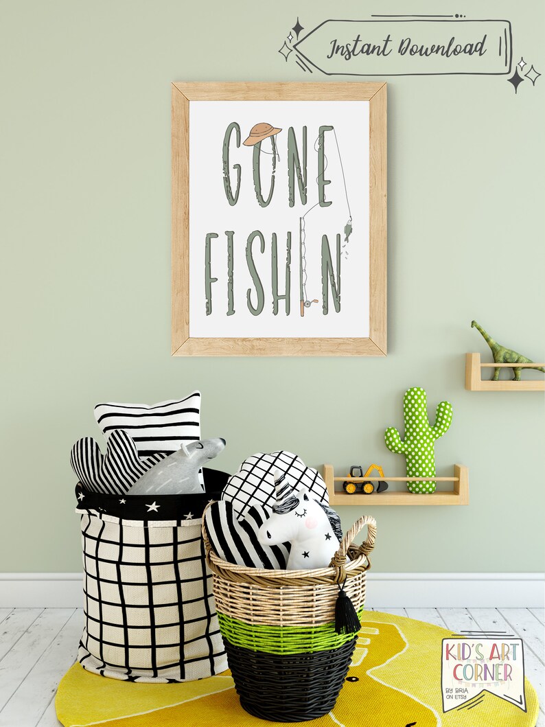 Gone Fishin Green Fishing Wall Art Outdoor Themed Decor Kids Nature ...