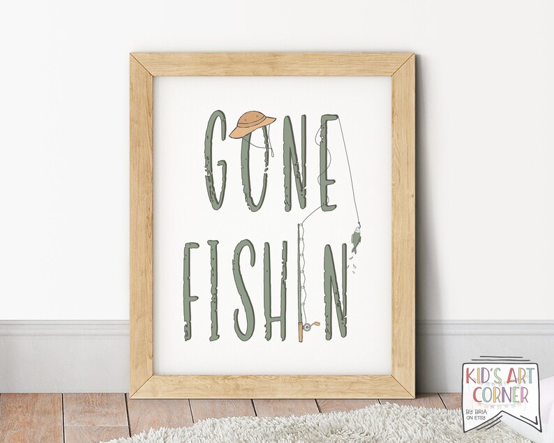 Gone Fishin Green Fishing Wall Art Outdoor Themed Decor Kids Nature ...