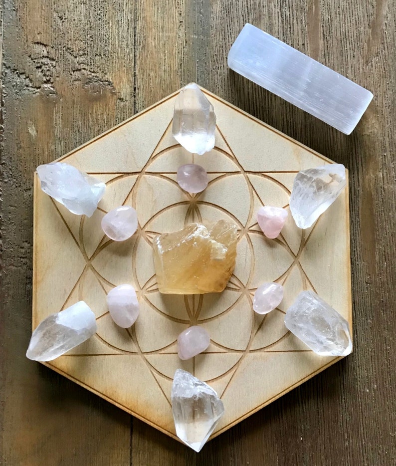Uplifting Happiness Joy Crystal Grid Kit Set Rose Quartz Honey Calcite ...