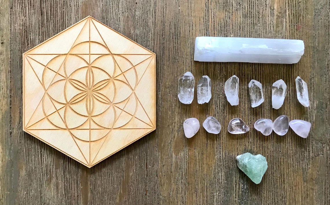 Heart Chakra MINI Crystal Grid Kit With Selenite Stick Reiki | Etsy