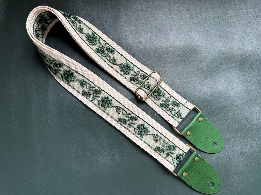 Green Floral Embroidered Guitar Strap, Vintage Handmade Guitar Strap ...