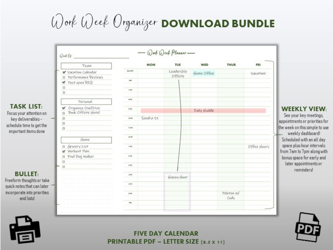 Printable Work Week Schedule, Personal Planner, Weekly View, Time Slot ...