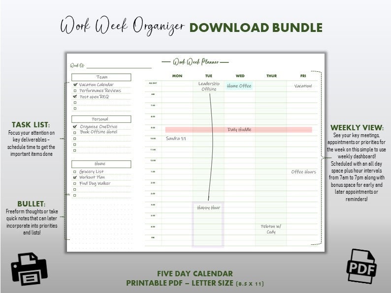 Printable Work Week Schedule, Personal Planner, Weekly View, Time Slot ...