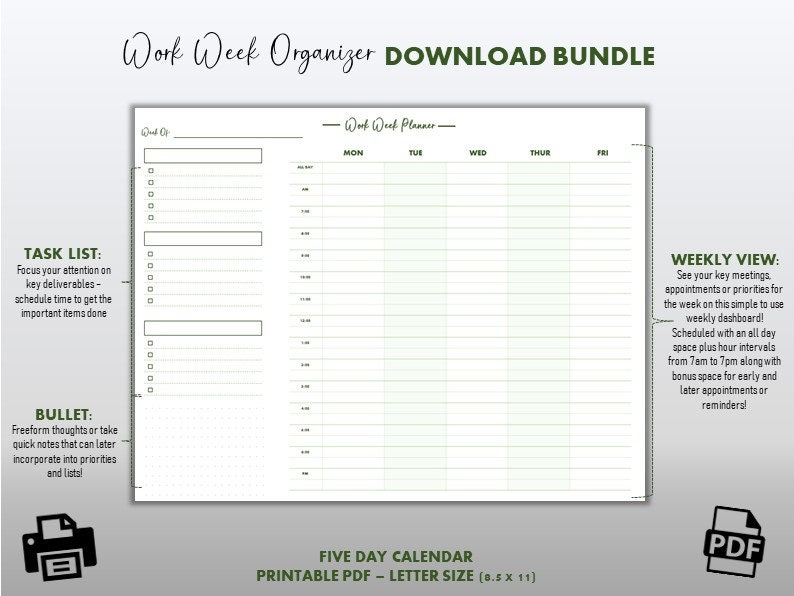 Printable Work Week Schedule, Personal Planner, Weekly View, Time Slot ...