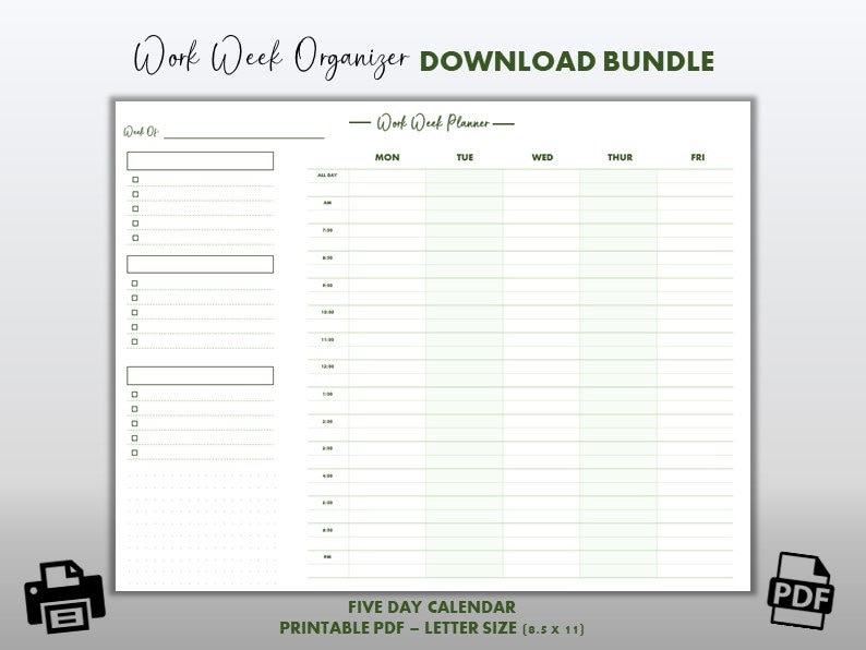 Printable Work Week Schedule, Personal Planner, Weekly View, Time Slot ...