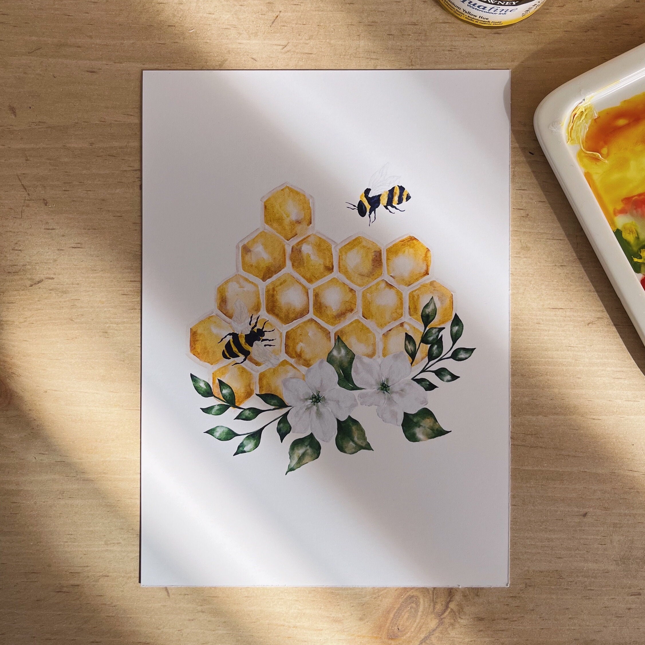 Honeycomb Print/watercolor Honey Art Print/watercolour Bumble Bees ...