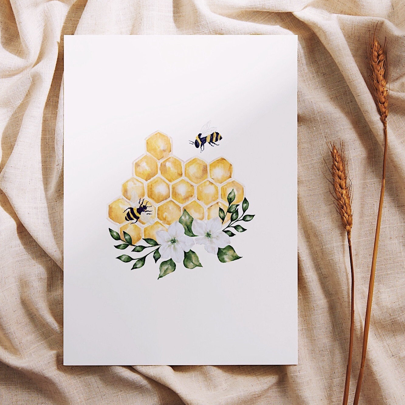 Honeycomb Print/watercolor Honey Art Print/watercolour Bumble Bees ...