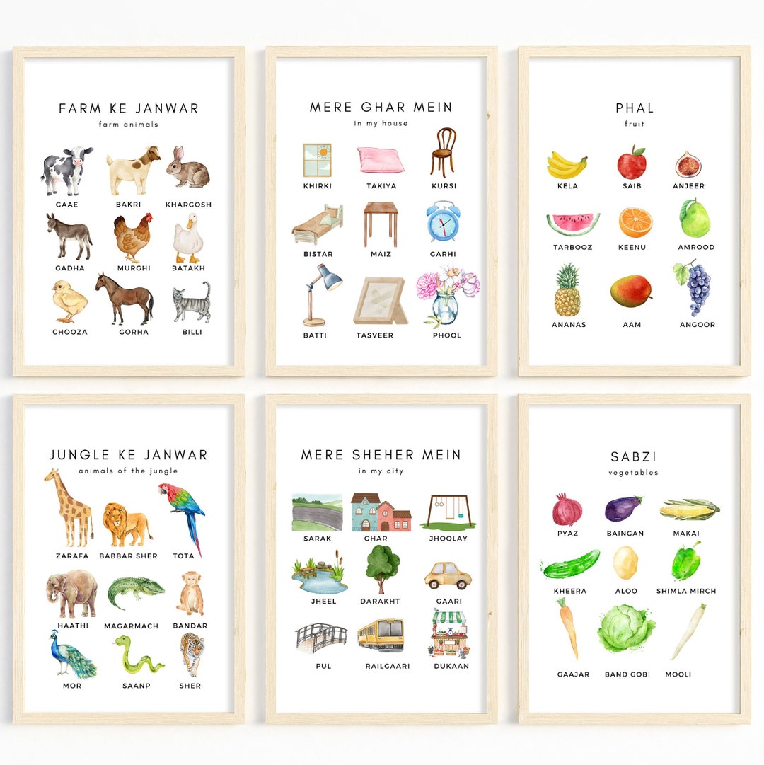 Set of 6 Urdu/hindi Words Printable Posters for Kids, Easy Urdu Hindi ...