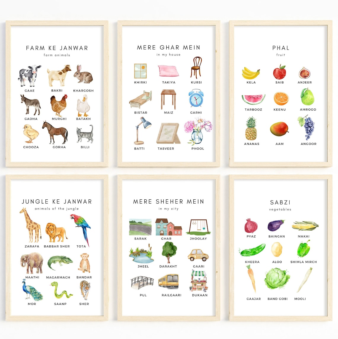 Set of 6 Urdu/hindi Words Printable Posters for Kids, Easy Urdu Hindi ...