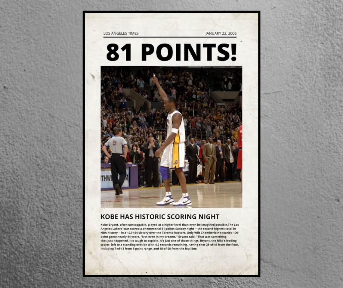 Kobe Bryant Newspaper 81 Points Kobe Bryant Los Angeles | Etsy