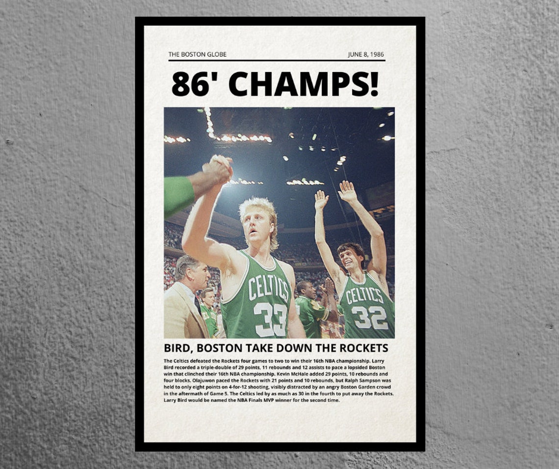 Boston Celtics Newspaper, 1986 NBA Finals, Champions, Larry Bird, Kevin ...