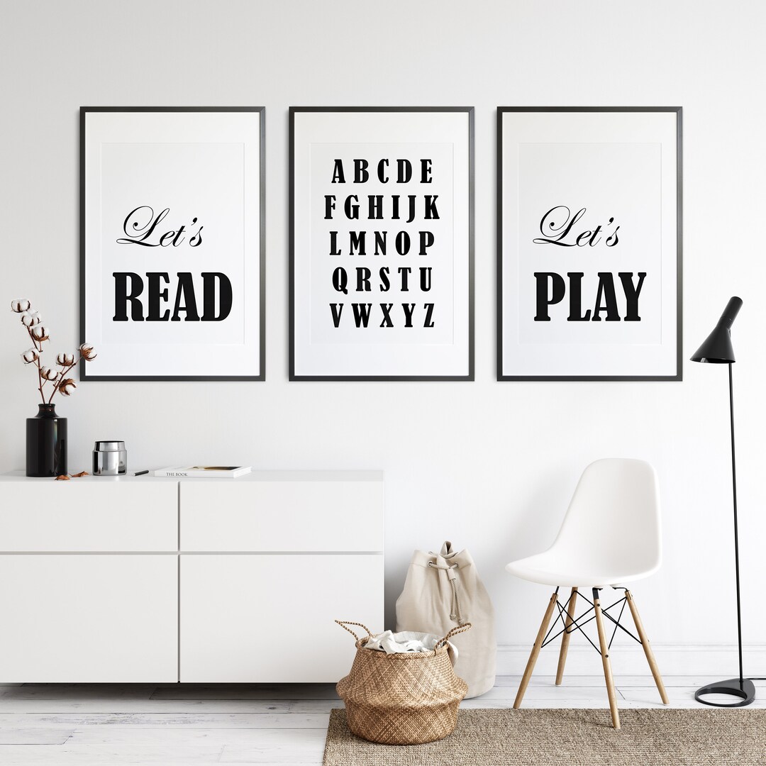 Set of 3 Black and White Playroom Decor, Let's Read Printable, Lets ...