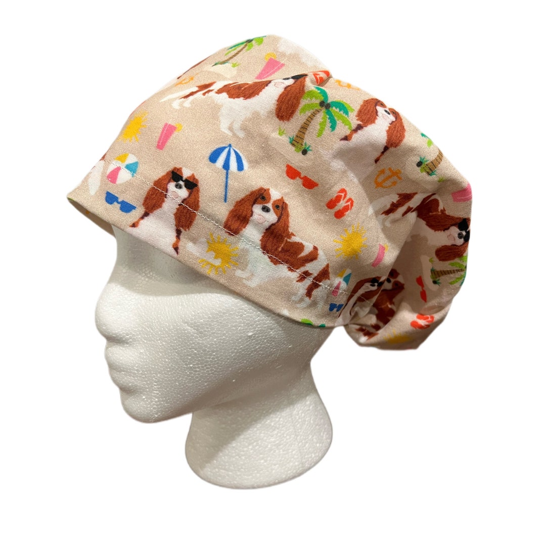 Cavalier King Charles Spaniel Scrub Cap - Various Prints. Ribbon Tie ...