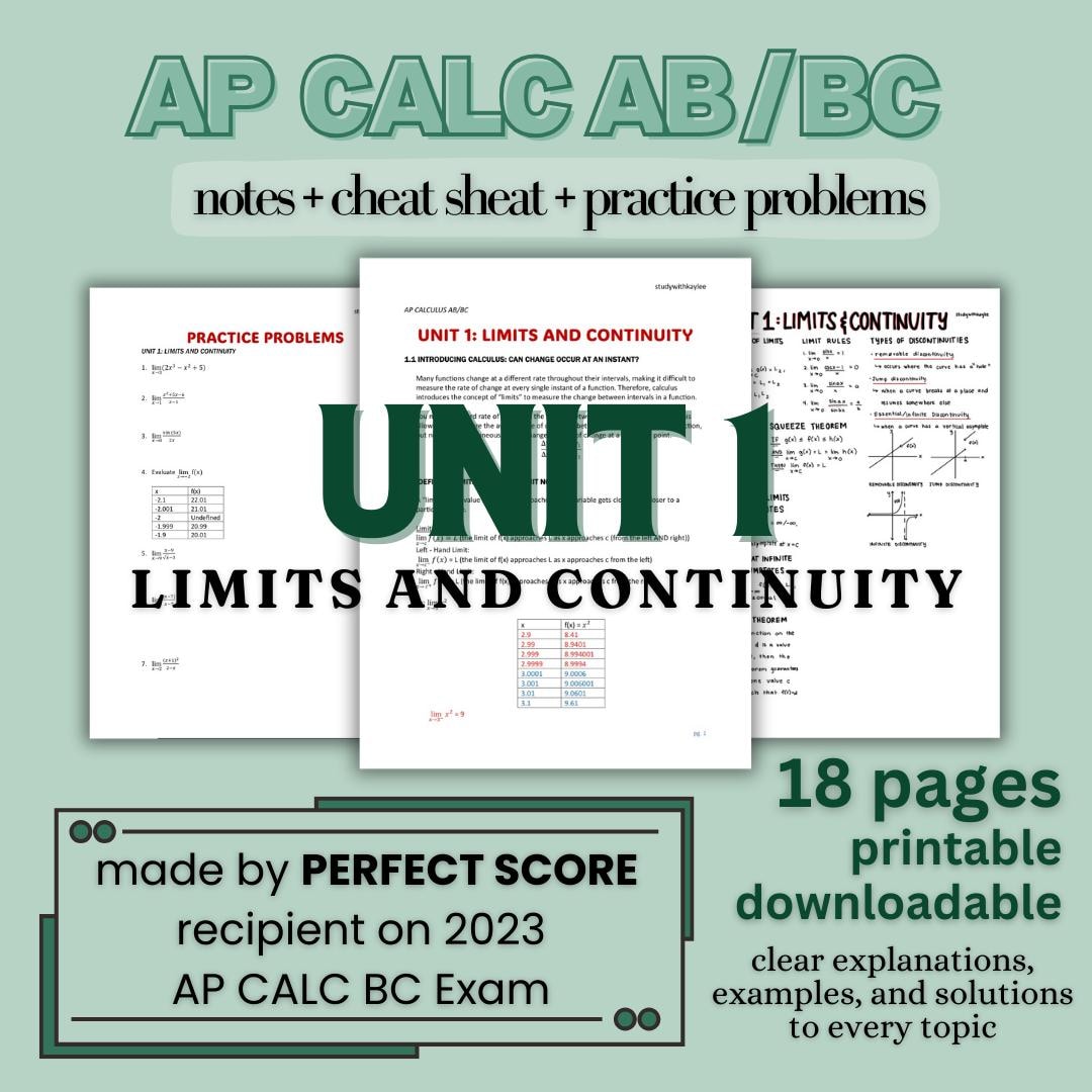 AP Calculus AB/BC Unit 1 limits and Continuity Notes, Cheat Sheet, and ...