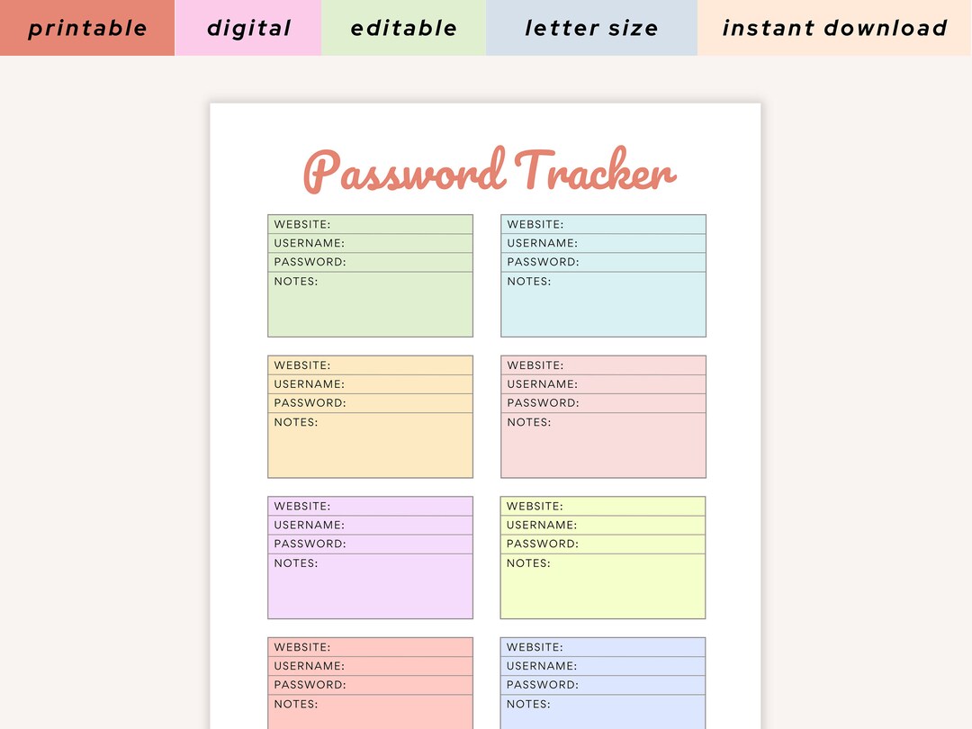 Password Tracker | Fillable and Printable | Password Organizer ...