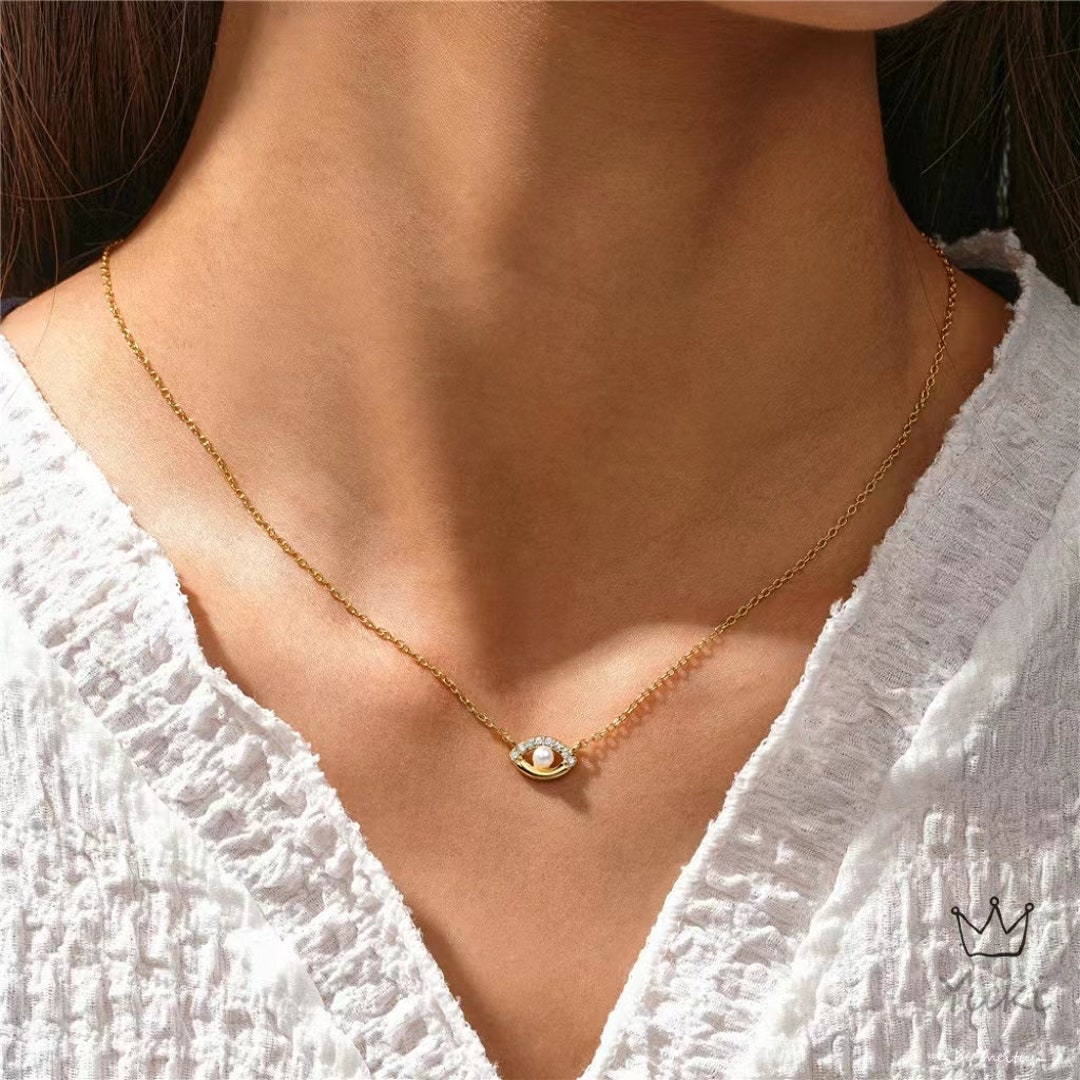 Pearl Studded Diamond Necklace Devil Eye Necklace Delicate - Etsy