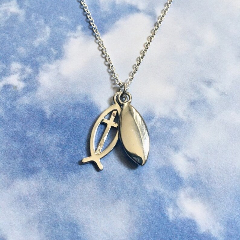 Silver Toned Jesus Christian Fish Ichthus Blue Jewel Behind Necklace ...