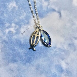 Silver Toned Jesus Christian Fish Ichthus Blue Jewel Behind Necklace ...