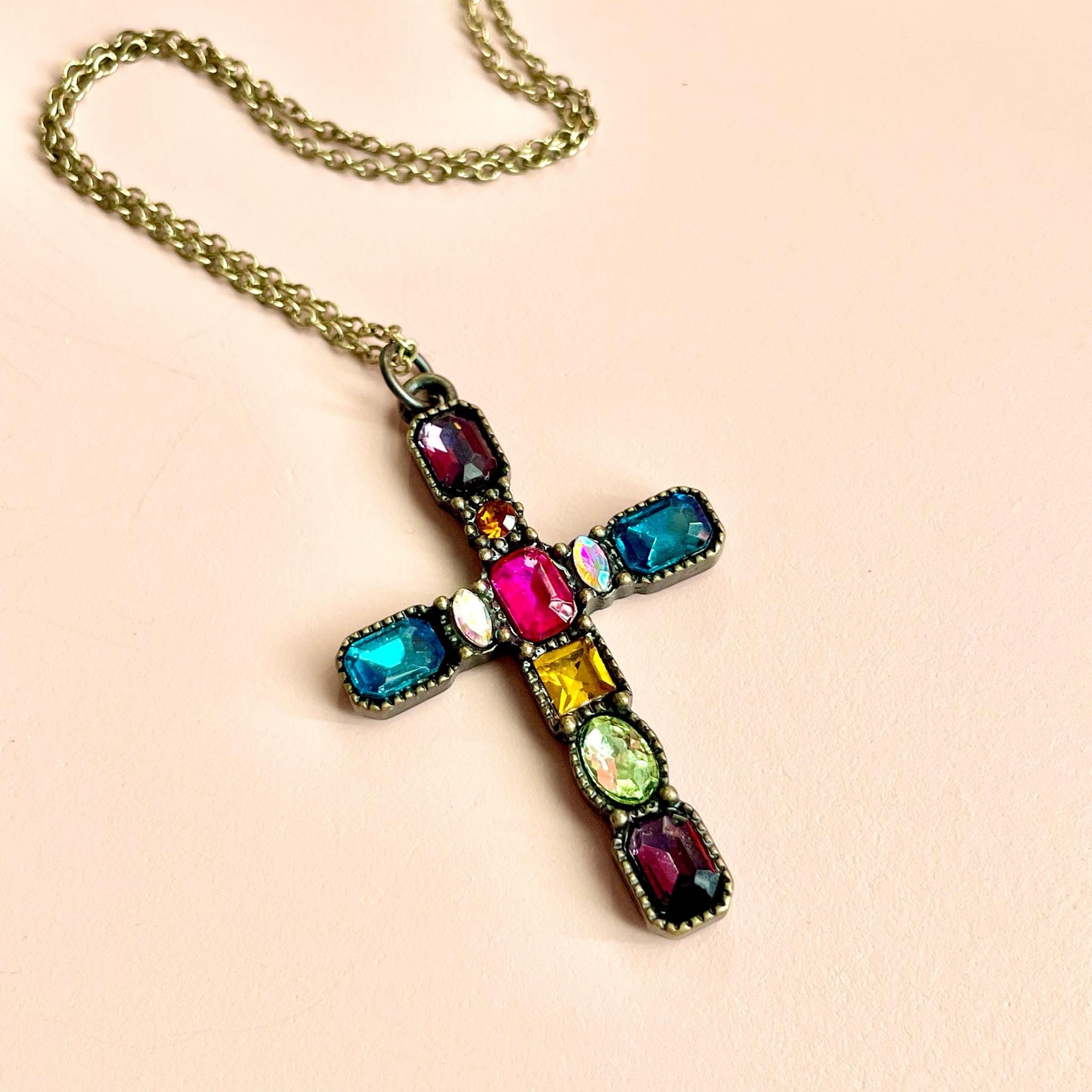 Bronze Tone Cross Pendant Necklace Sparkling Multicolored Jewel ...