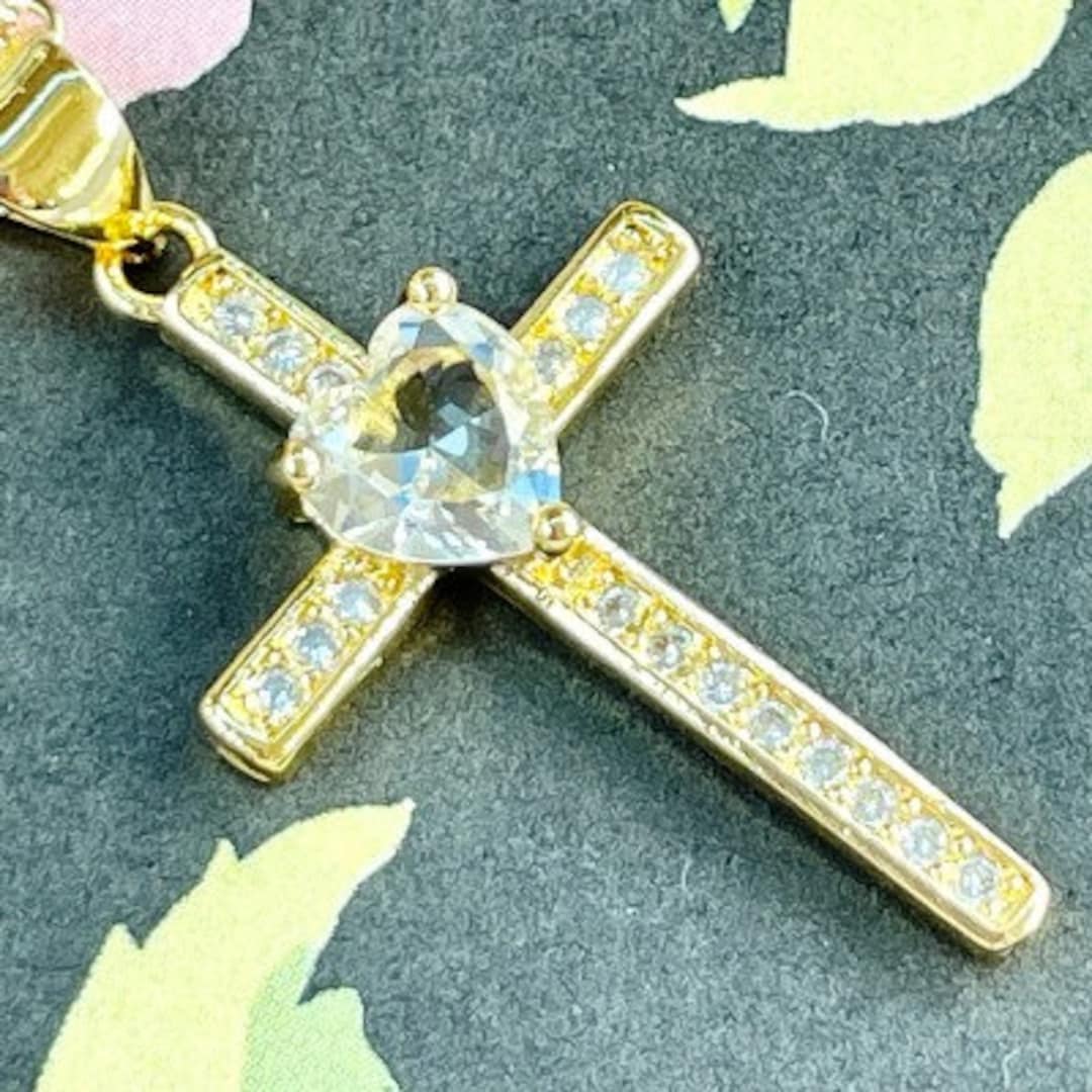 Gold Toned White Rhinestone Encrusted Cross With Rhinestone Heart ...