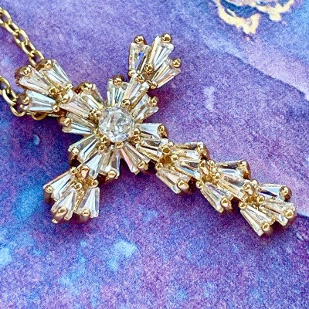 Brilliant Gold Tone Cross Pendant Necklace Sparkling White Jewel and ...