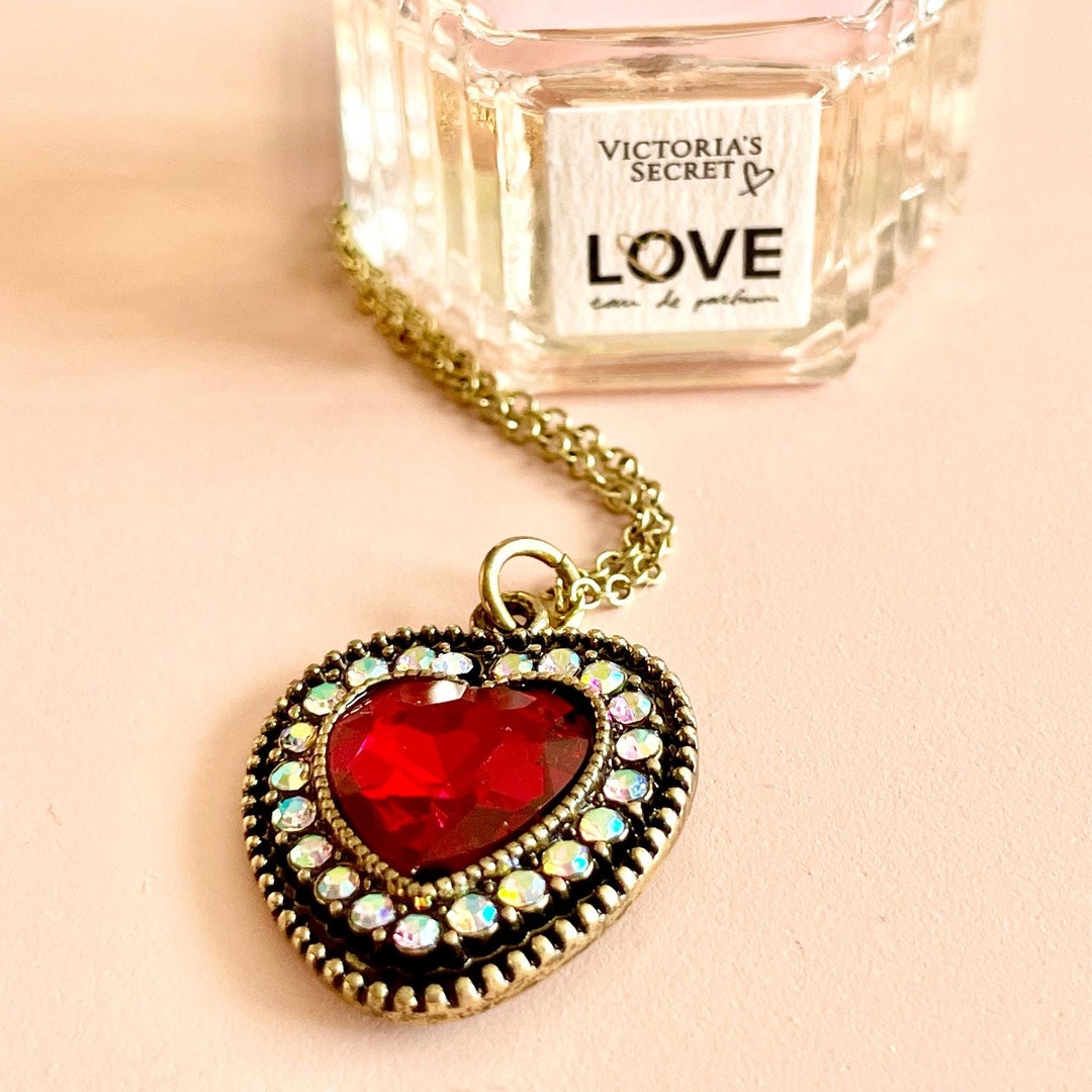 Red Jewel Heart Bronze Tone Charm Necklace Pendant With Opalescent ...