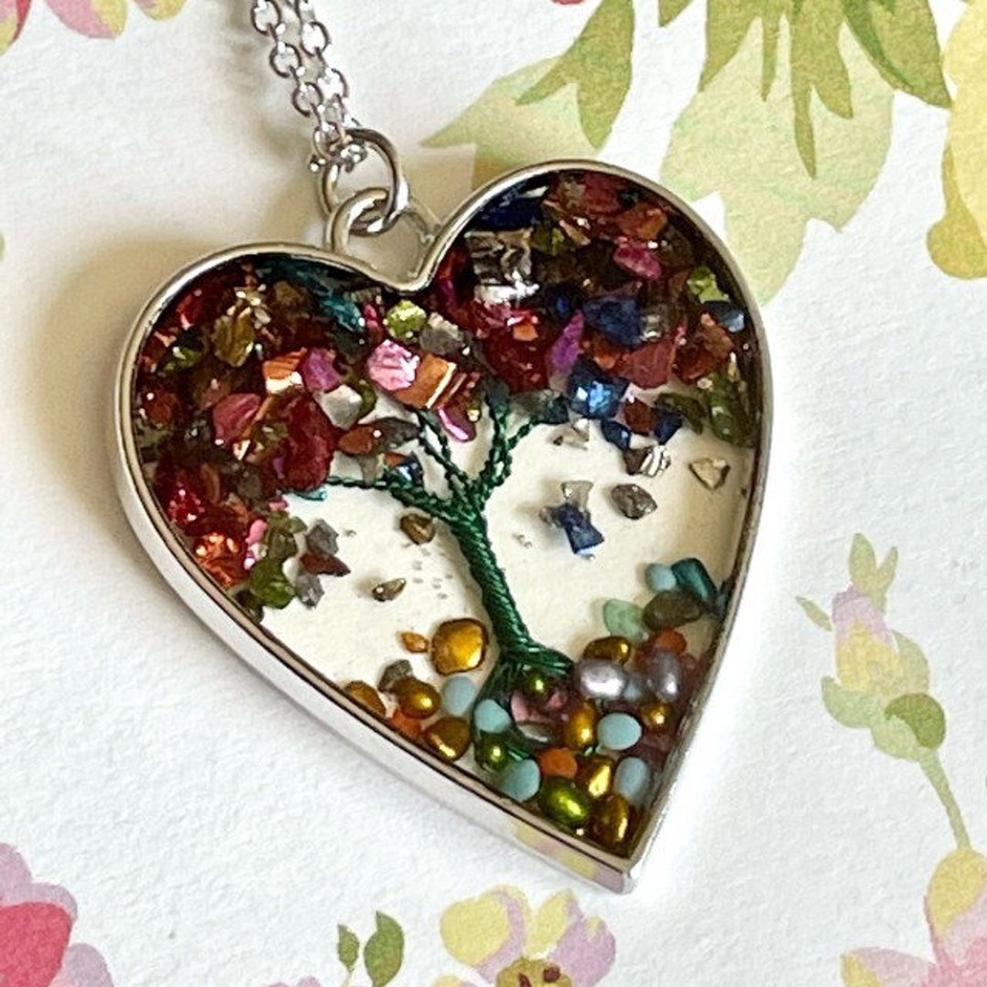 Silver Toned Heart Tree Necklace Pendant Resin in a Heart Shaped ...