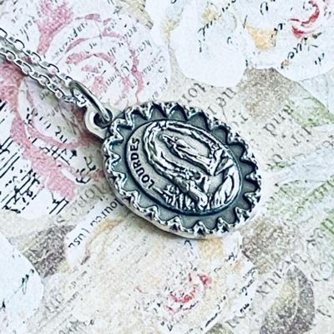 Silver Toned With Ornate Border Our Lady of Lourdes Medal Pendant ...