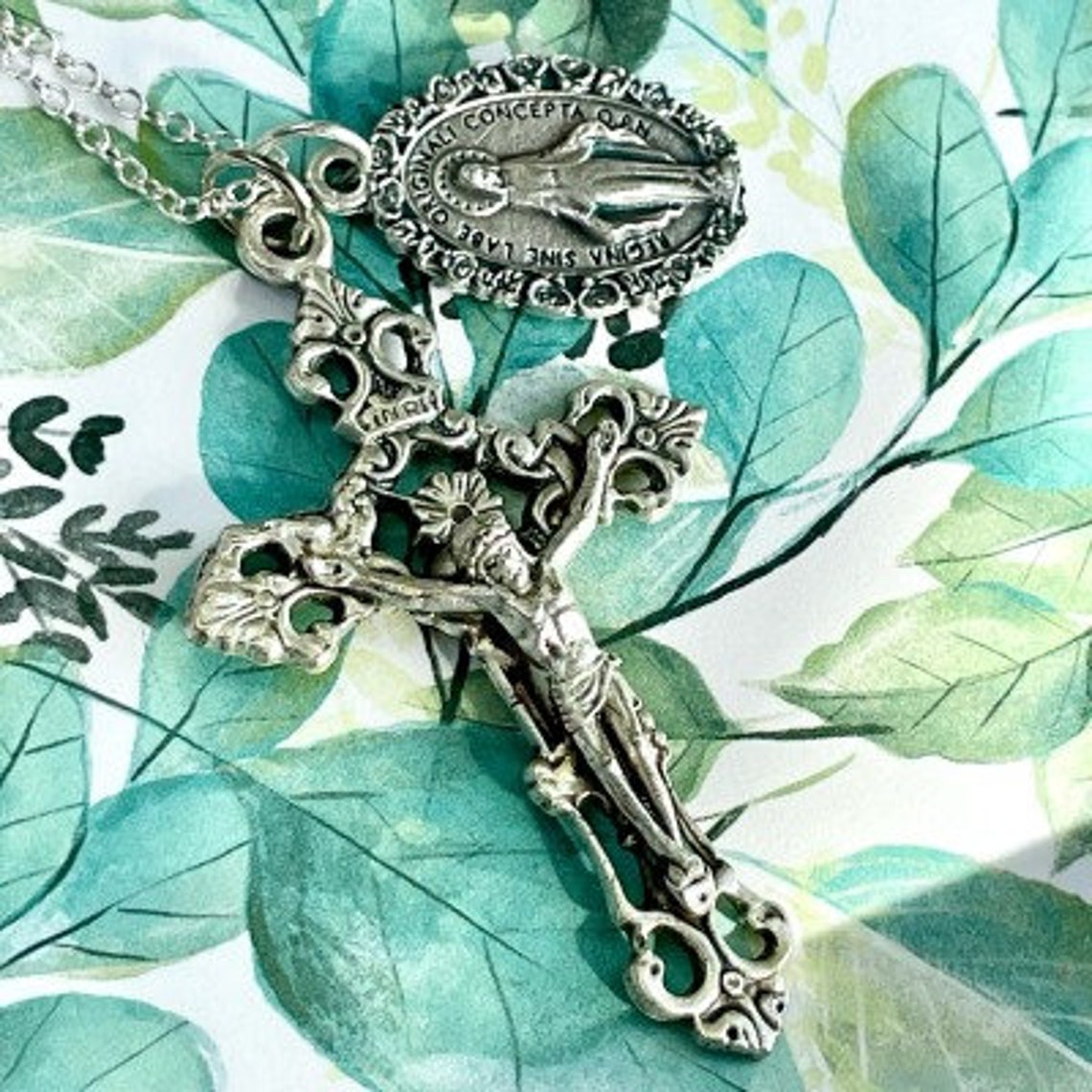 Ornate Silver Tone Cross Crucifix Necklace Pendant From Italy With ...