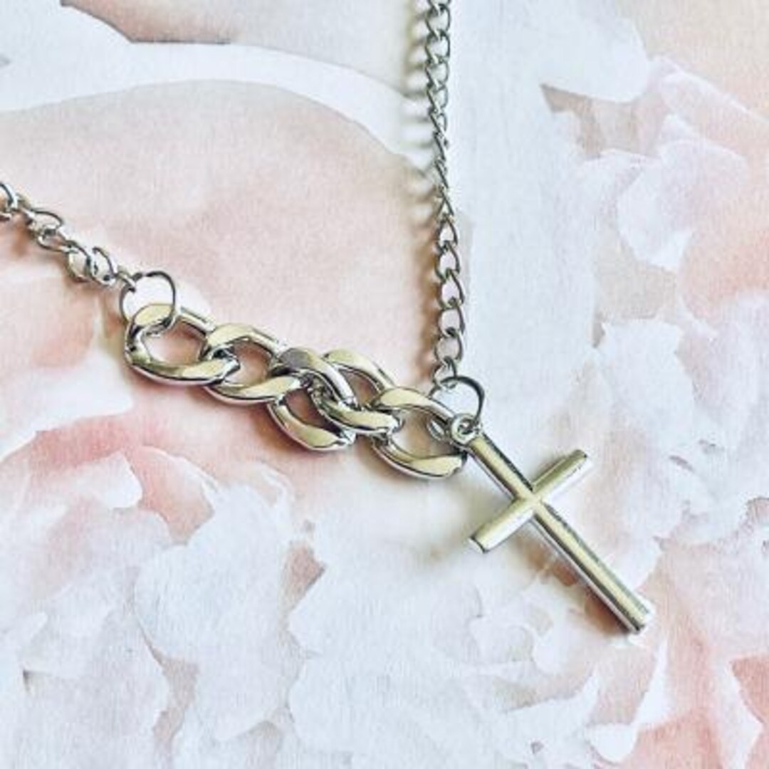 Silver Tone Adjustable 16 Inch Duel Thick and Thin Chain Cross Necklace ...