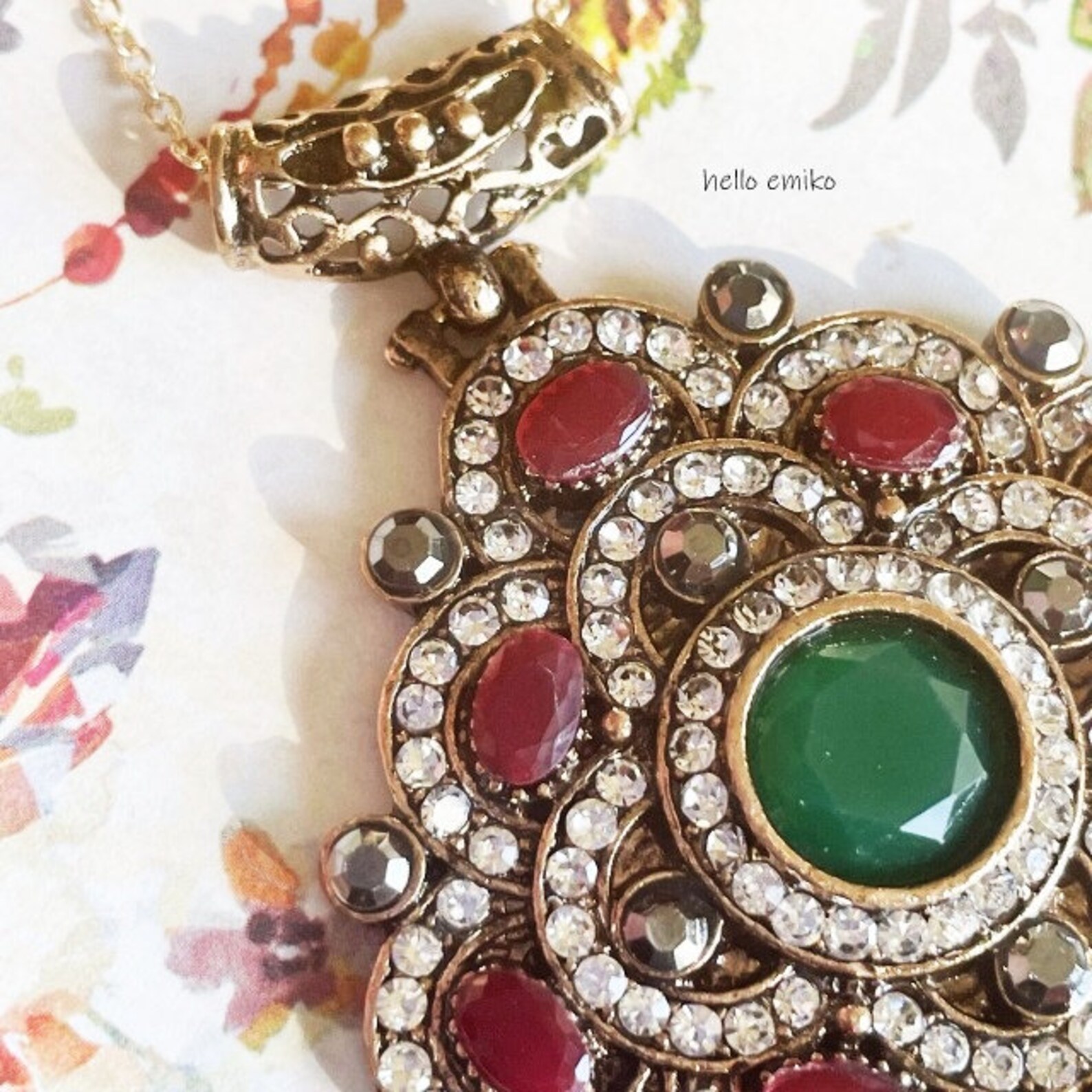 Large Ornate Gold Tone Encrusted Rhinestone Faux Ruby & Jade Jewels ...