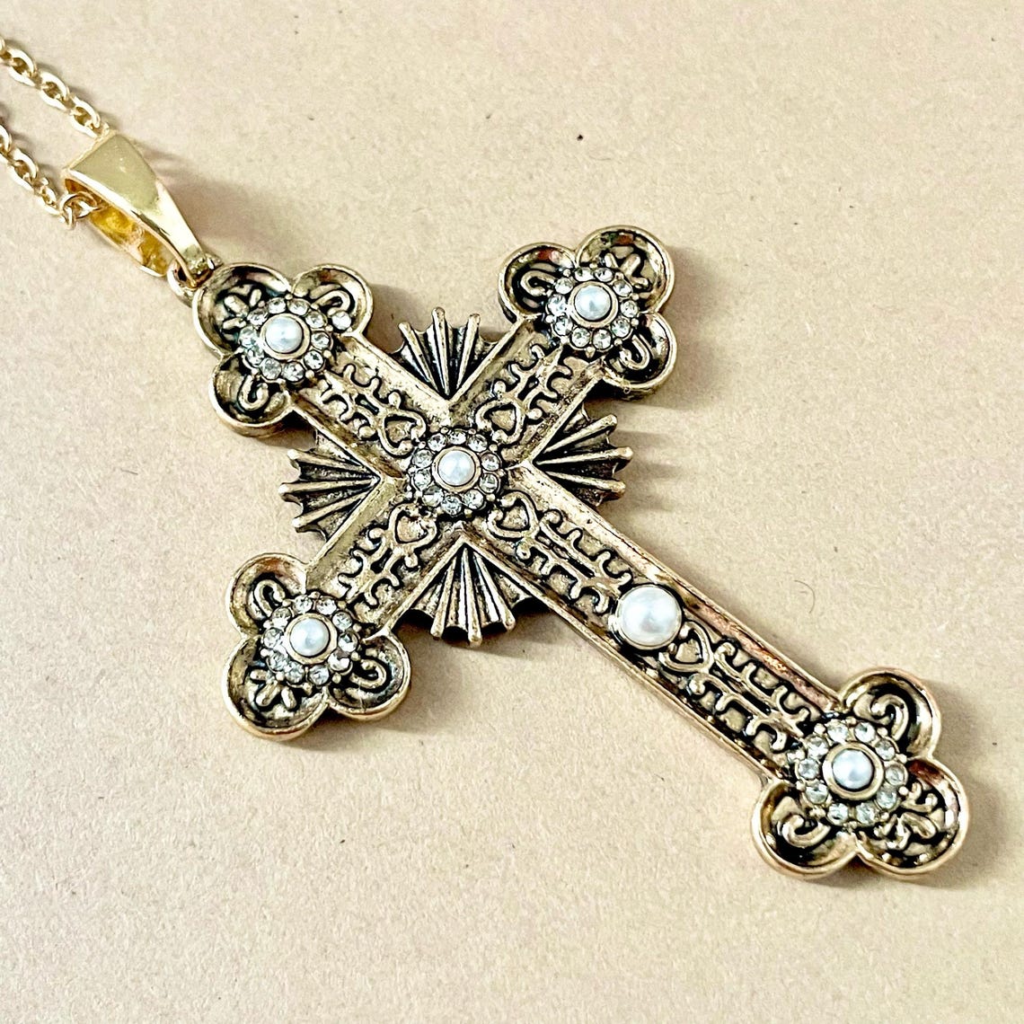 Ornate Large Gold Toned Rhinestone and Faux Pearls Jewel Cross Necklace ...