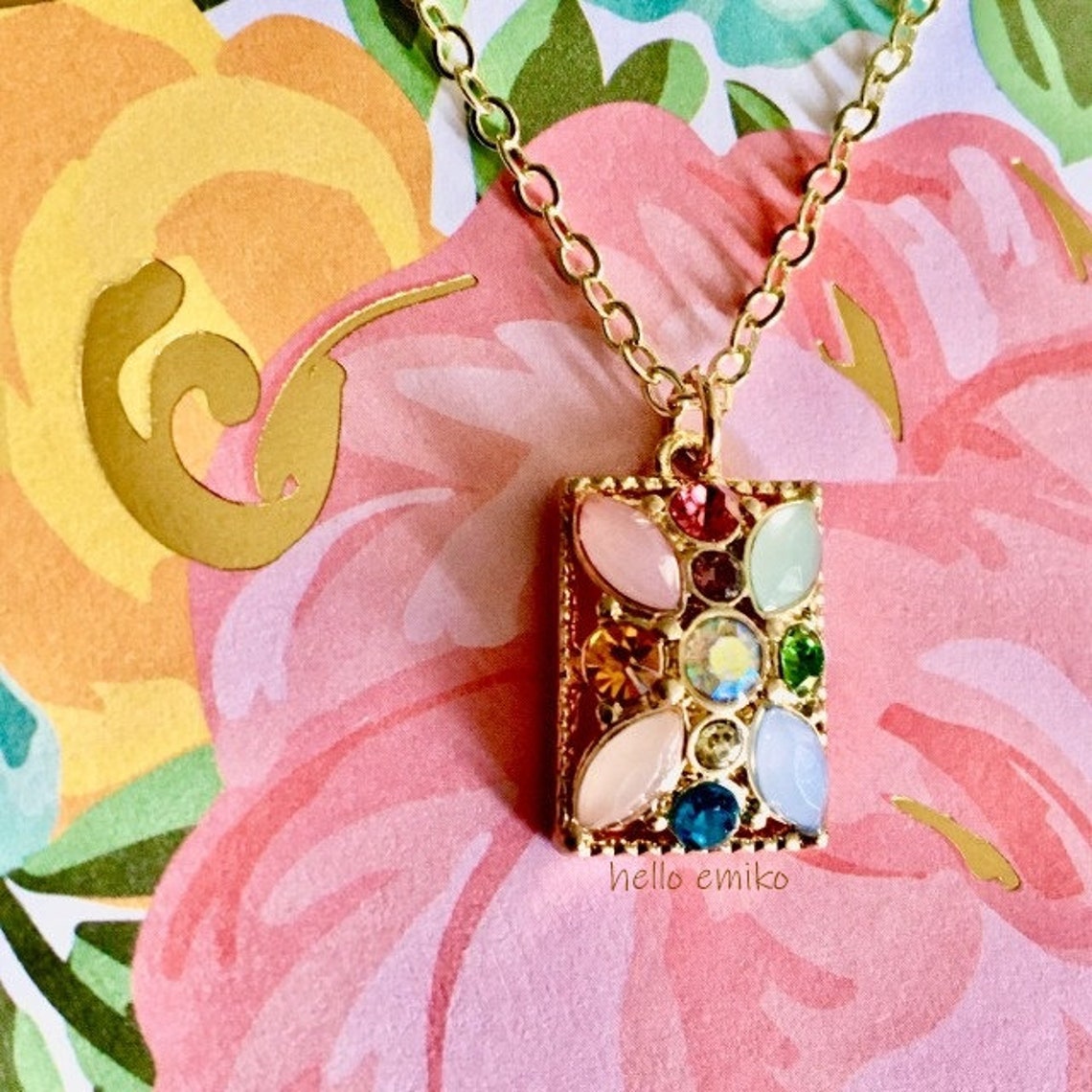 Multi Colored Jeweled Rectangle Necklace Pendant Gold Toned - Etsy