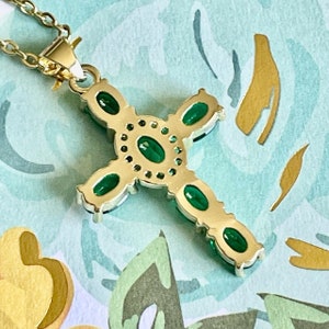 Brilliant Gold Tone Cross Pendant Necklace Sparkling Green Jewel ...
