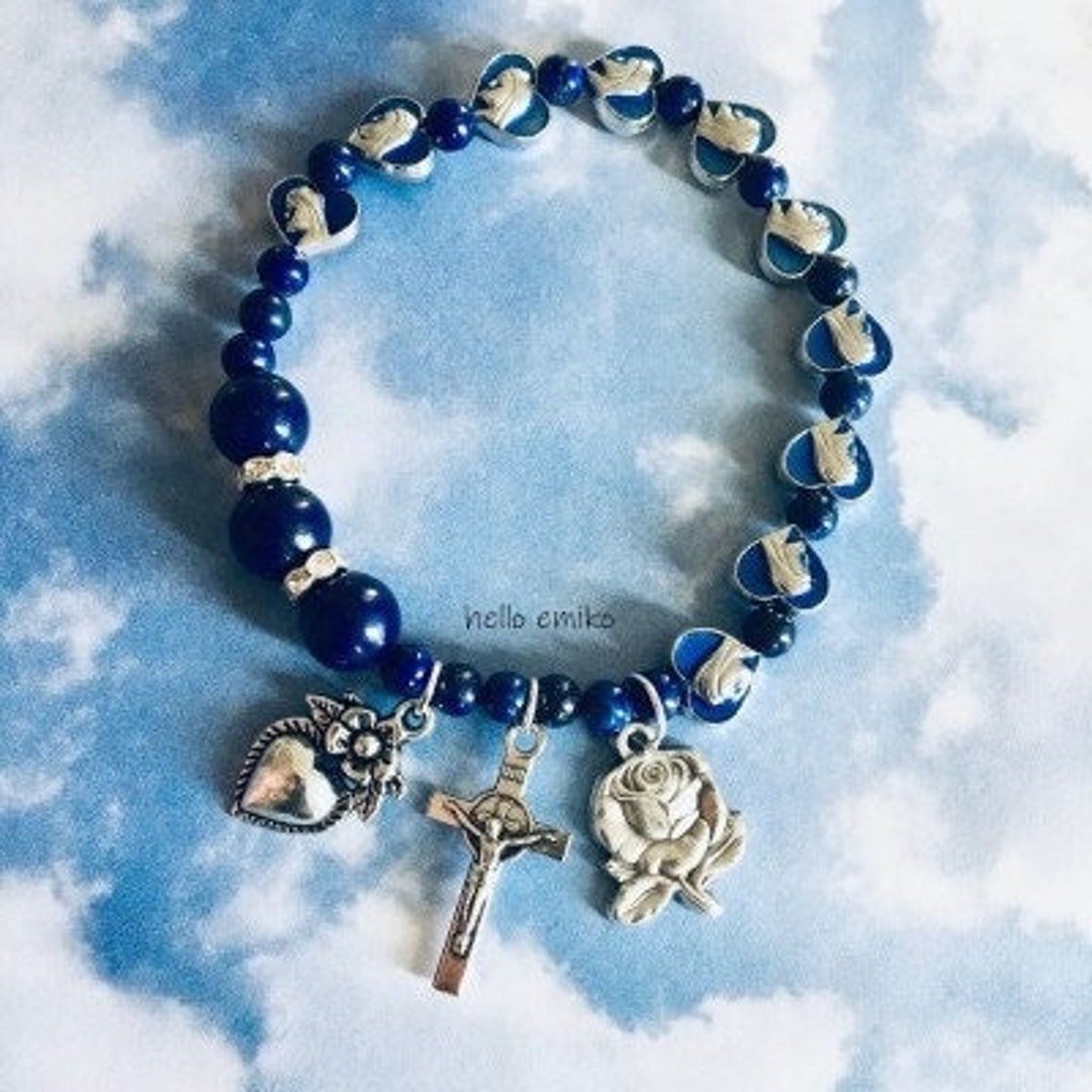 Madonna Rose Medal Virgin Mary Blue Enamel Charm Bracelet Silver Tone ...