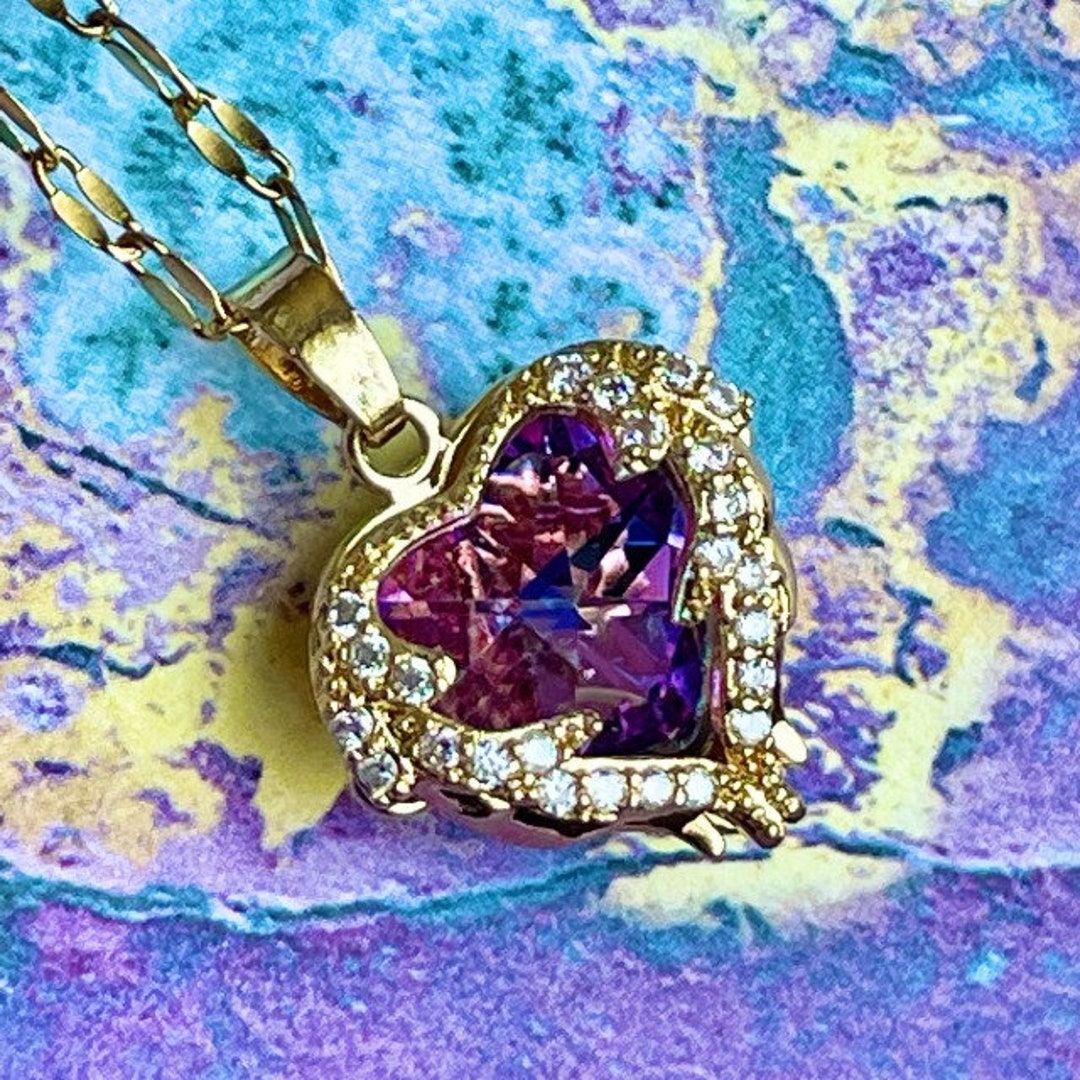 Sparkling Gold Toned Purple Opalescent Heart Charm With White ...
