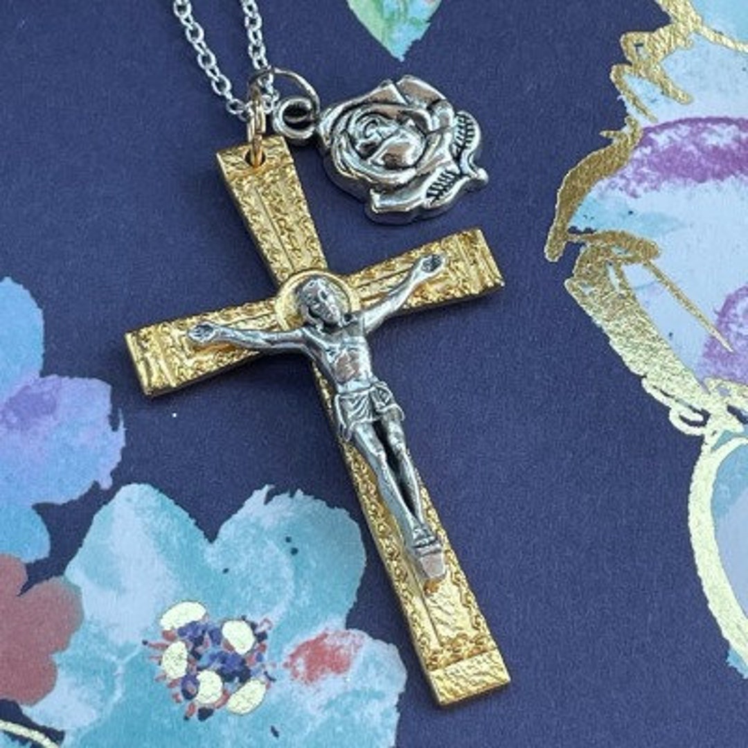 Jesus Crucifix Gold and Silver Tone Modern Style Cross With Rose Charm ...