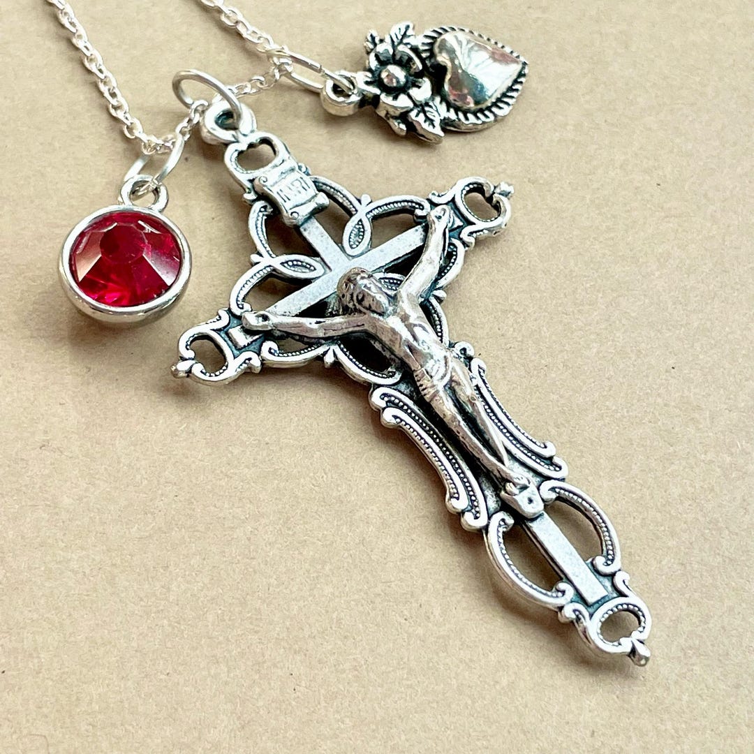 Ornate Silver Tone, Jesus Crucifix Medal From Italy With and Red Drop ...