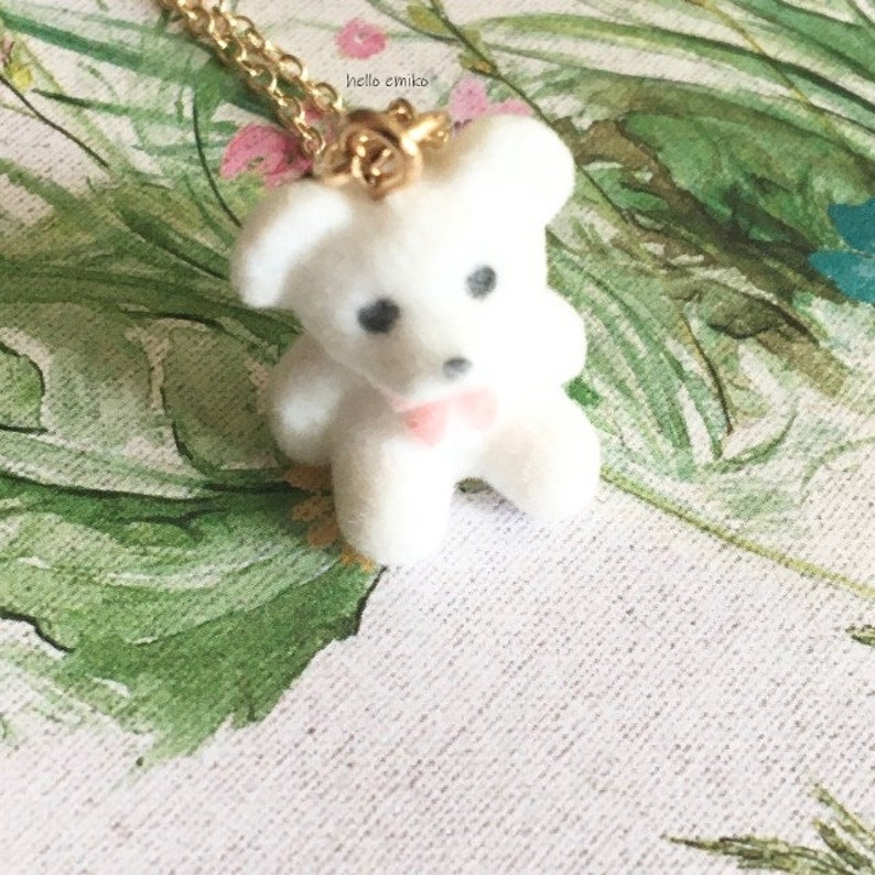Flocked Fuzzy Soft Velvet Little Mini White Bear Charm Necklace Pendant for Ages 3 and up on ...