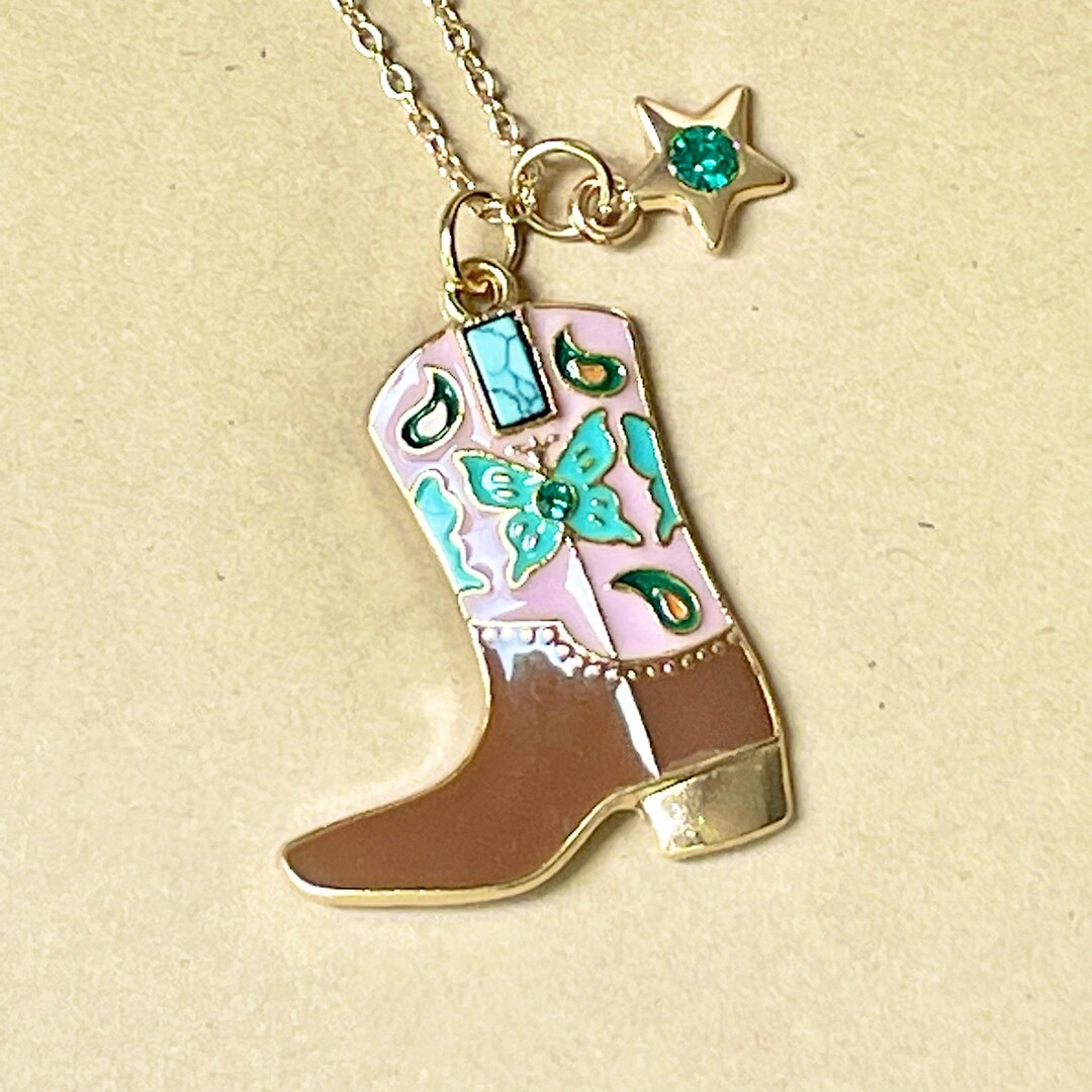 Pink - Brown Enamel Gold Tone Cowgirl Boot Blue Butterfly and ...