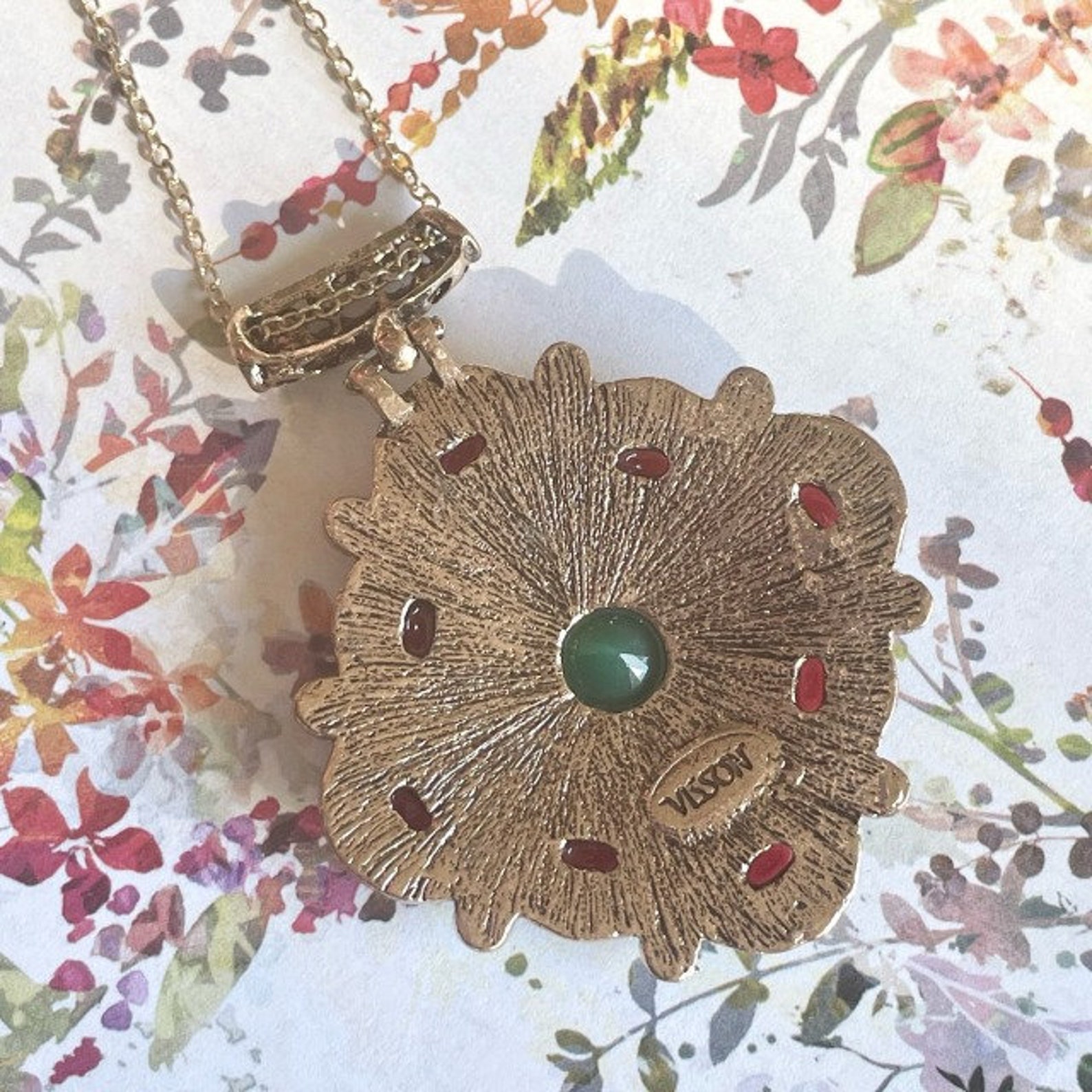 Large Ornate Gold Tone Encrusted Rhinestone Faux Ruby & Jade Jewels ...