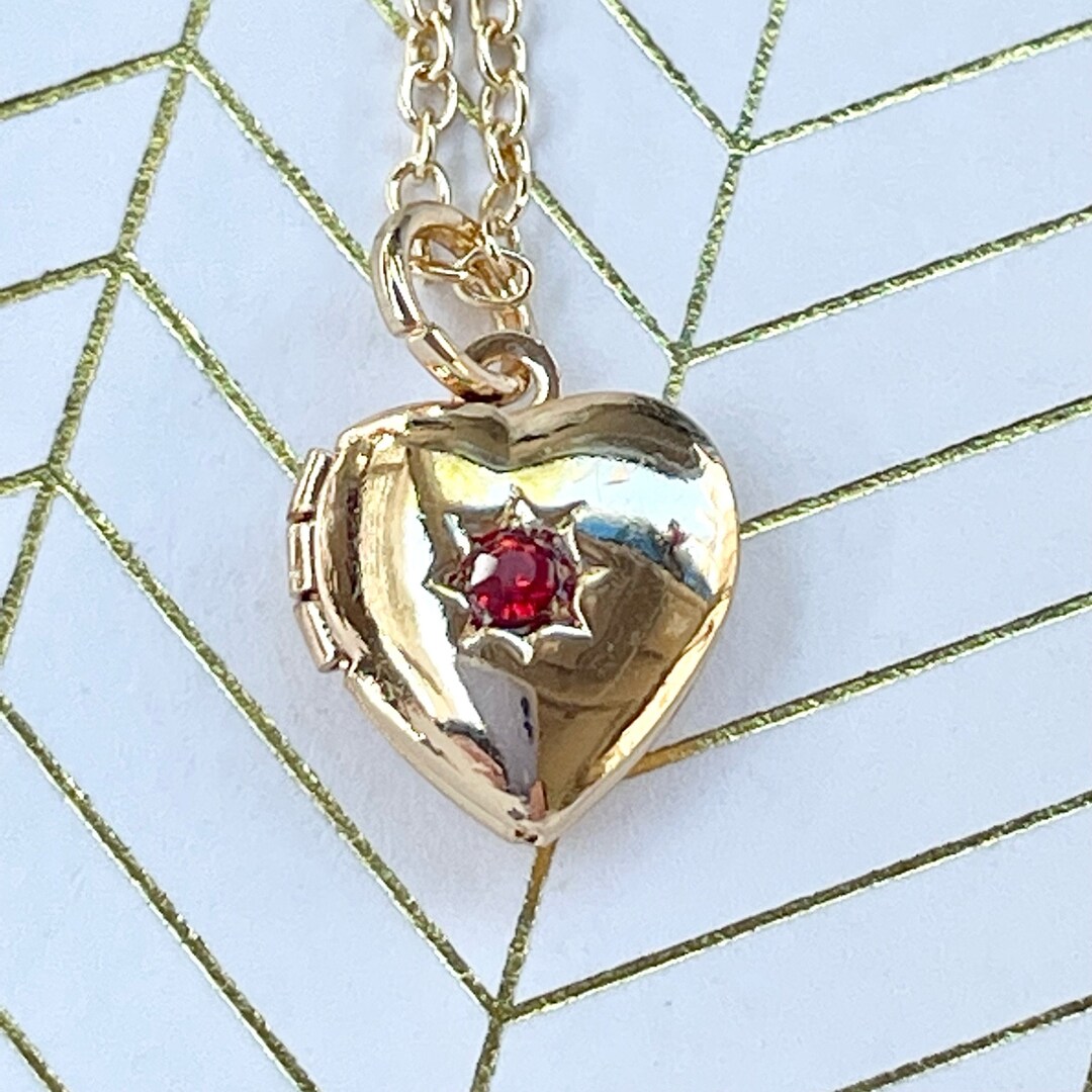 Tiny Gold Toned Heart Locket With Red Rhinestone in the Center Necklace ...